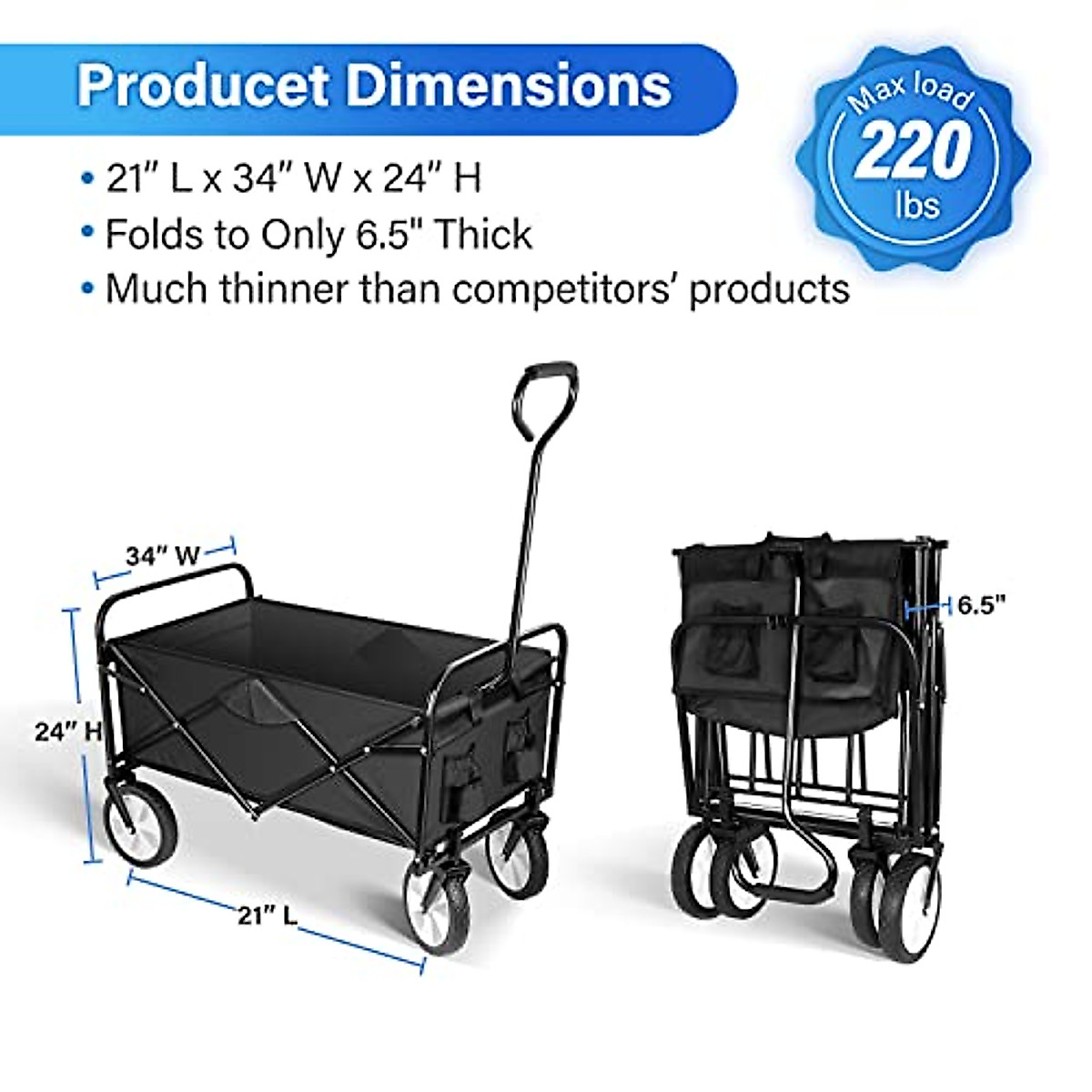 YSSOA Rolling Folding & Rolling Collapsible Garden Cart, Outdoor Camping Wagon Utility with 360 Degree Swivel Wheels & Adjustable Handle, Black 220lbs Weight Capacity Rolling Collapsible Garden Cart
