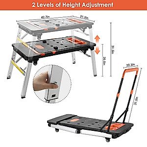 TLGREEN Multifunctional Folding Work Table, 7 in 1 Work Benches for Garage, as Portable Workbench, Sawhorse, Scaffold, Platform, Car Creeper, Dolly and Hand Truck, with 4 Wheels