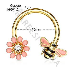 CM Crareesi Mania Cute Bee Septum Rings 16G Septum Piercing Jewelry 316L Stainless Steel Daith Piercing Jewelry Gold Helix Piercing Jewelry Epoxy Flower Cartilage Earrings
