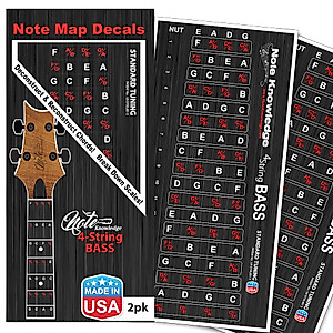 Bass Guitar Fretboard Note Map Decals/Stickers 2-Pack for Learning and Practicing Notes on Bass Guitar