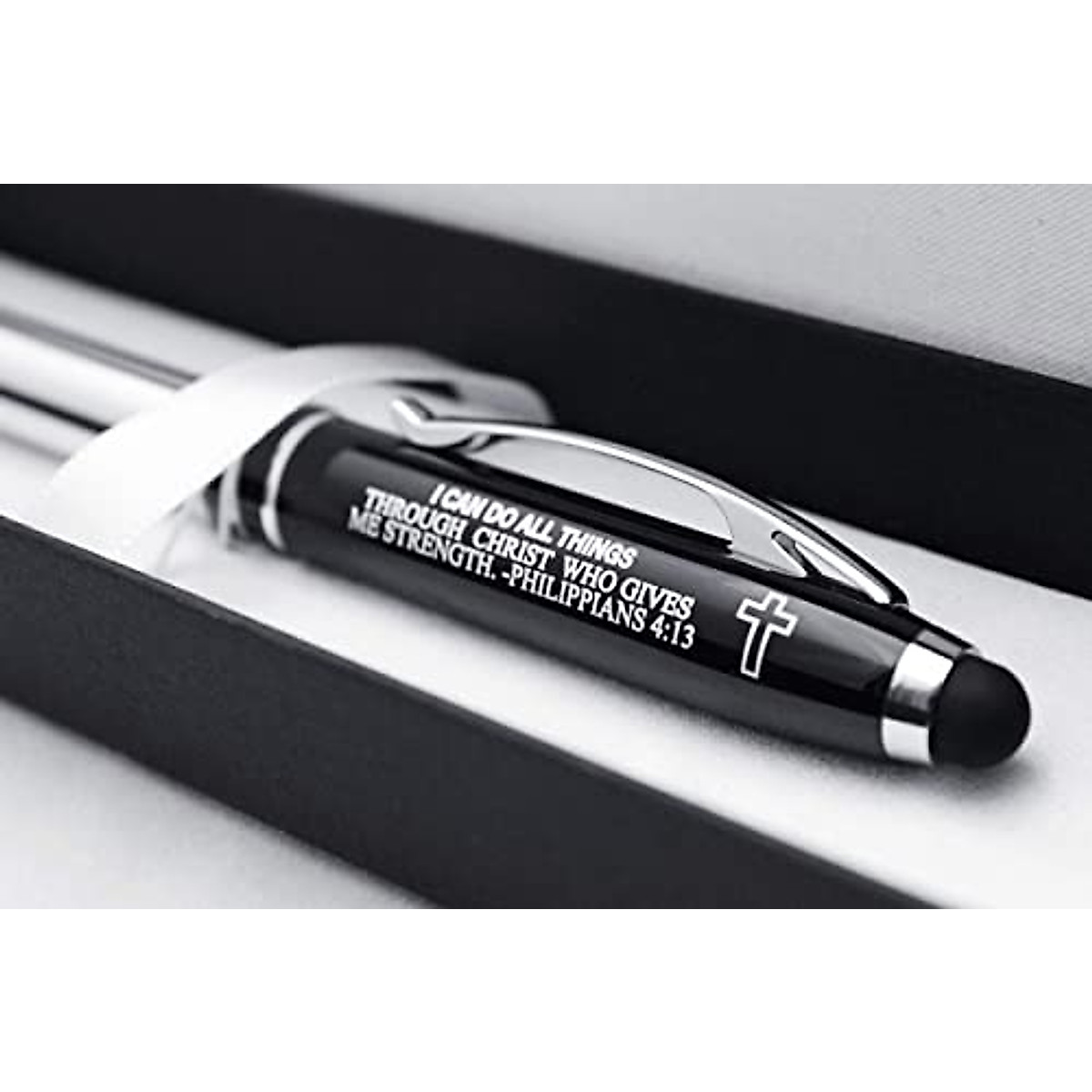 Philippians 4:13 Christian Gift Pen with Engraved Inspirational Bible Verse -"I Can Do All Things Through Christ Who Gives Me Strength" - Religious 3-in-1 Scripture Jesus Pen with LED Light and Stylus