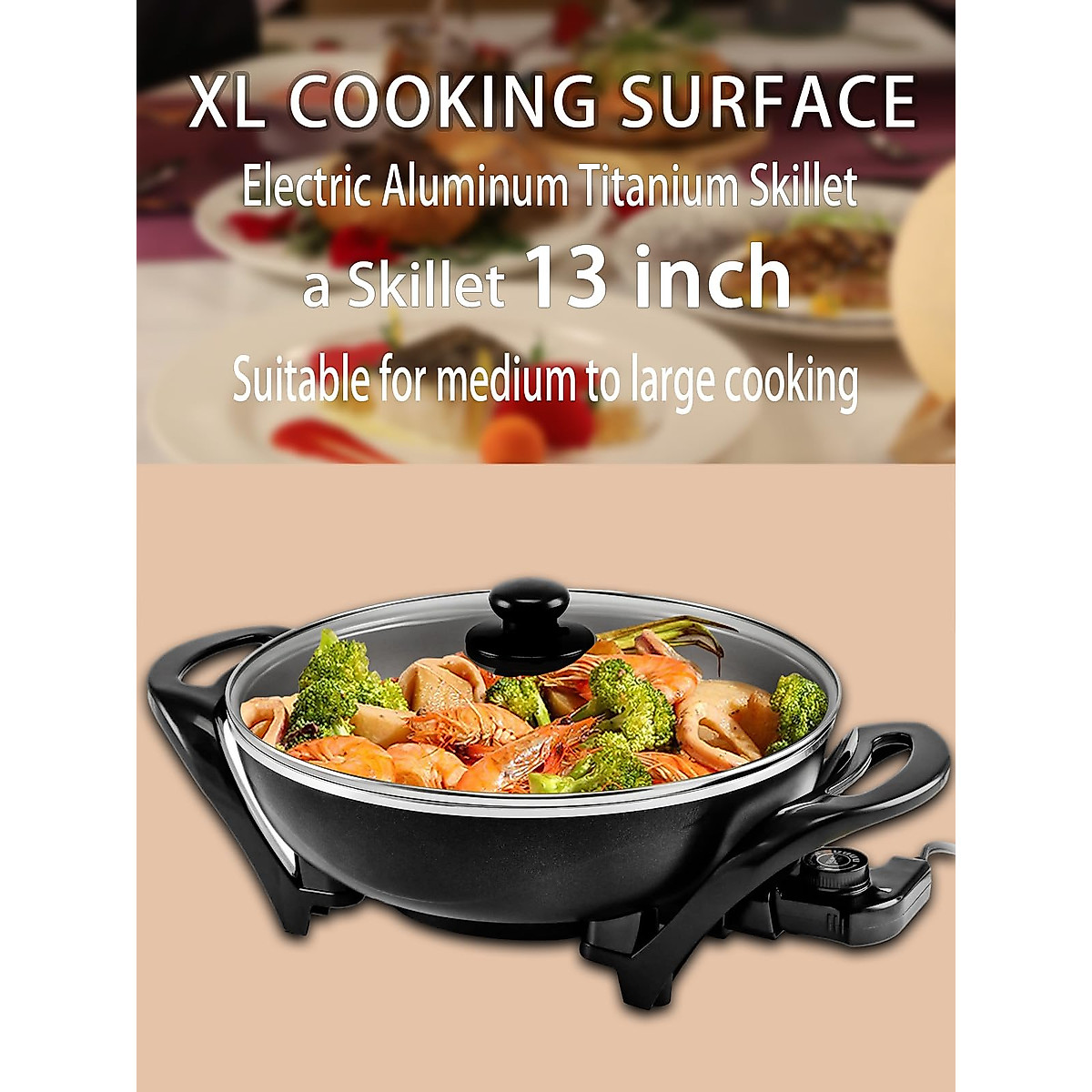 Electric Wok With Lid Nonstick - Electric Skillet Serves For 6 People, Portable Countertop Cooking Wok, 5-Dial Temperature Control, 13inch, Black