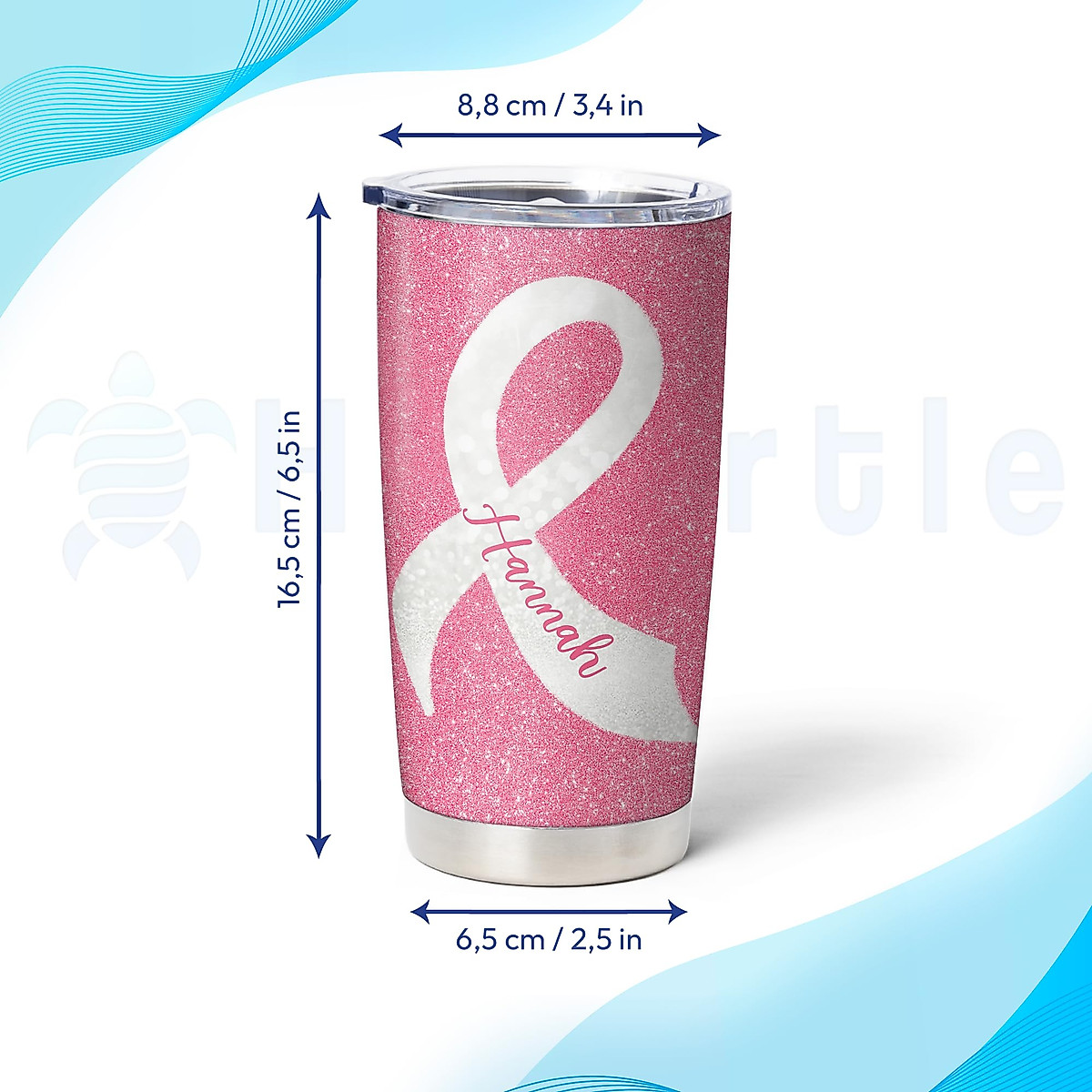Hyturtle Personalized Breast Cancer Awareness Gifts For Women - Custom Name Stainless Steel Tumbler Coffee 20 oz With Lid - Breast Cancer Cup Gifts For Friend, Mom On Awareness Month, Christmas