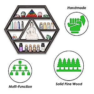 Venture Decor Crystal Display Shelf, Handmade Pine Wood Hexagon Shaped Shelves for Crystals, Stones and Essential Oils, Unique Crystal Shelf Display, Wiccan Decor, Gothic Decor, Meditation Decor-Black