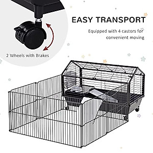 PawHut 2-Level Rolling Small Animal Playpen & Cage, Foldable Small Rabbit Fence, Guinea Pig House, Hedgehog Cage, Water Bottle, Water Bowl, Pet Exercise Pen, 35" L