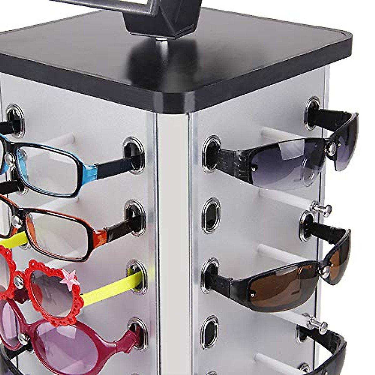ONEPOINTPOINT Glasses Display Stand 360° Rotating 44 Pairs of Sunglasses Eyewear Holder Display Rack with Mirror (Square)
