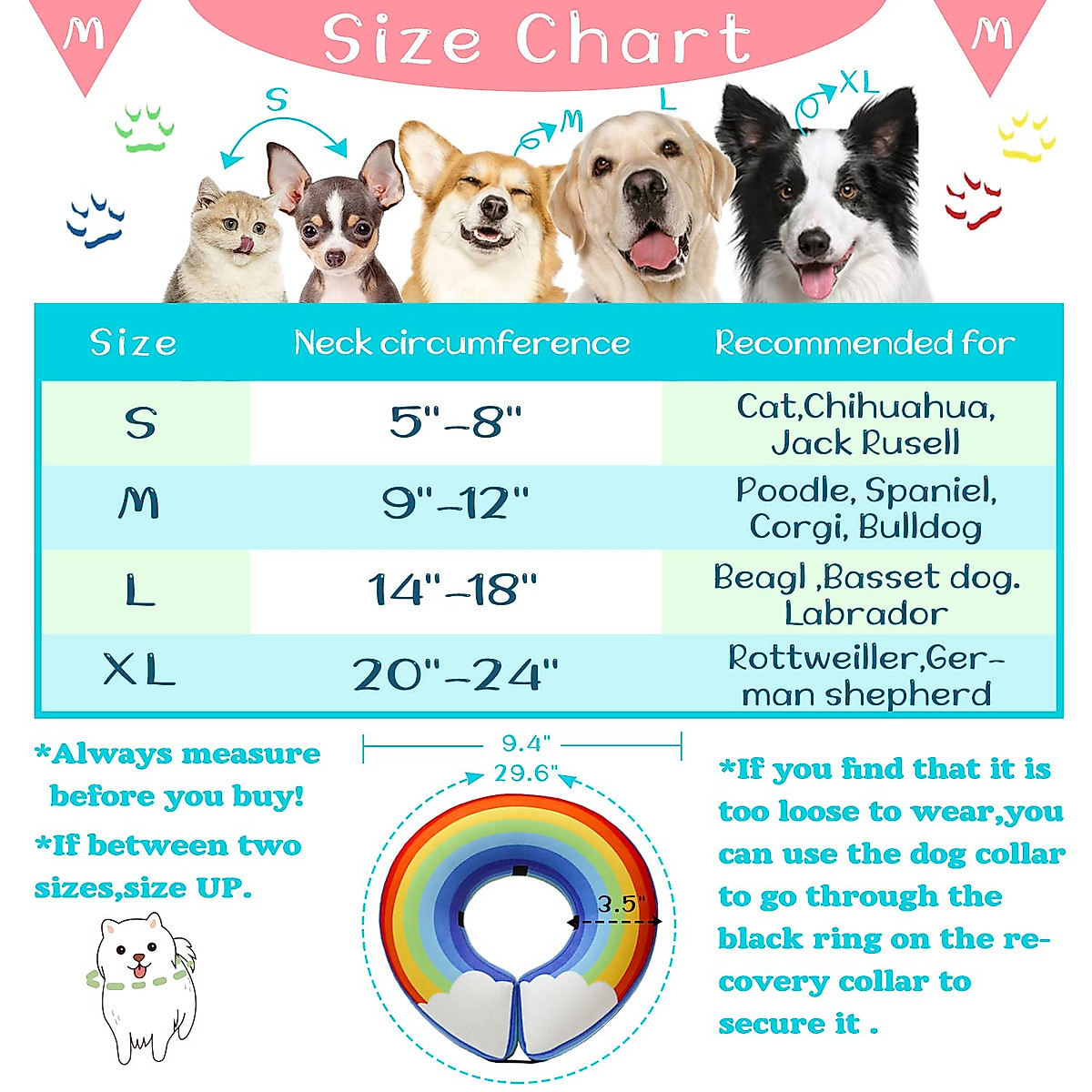 Inflatable Rainbow Protective Dog Donut Cone Collar for Dogs Cats-Soft Recovery Adjustable E-Collar Dog Neck Donut Cone Alternative After Surgery to Prevent from Biting Licking Scratching