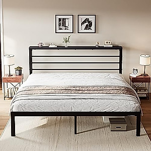 SHA CERLIN King Size Bed Frame with Headboard Shelf, Heavy Duty Platform Bed Frame with Strong Metal Foundation, No Box Spring Needed, Black