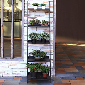 HYNAWIN Ladder Shelf 5 Tier Bookcase, Multipurpose Plant Flower Stand Bookshelf Storage Rack Shelves, Wood Look Accent Bamboo Frame Modern Furniture Home Office (Black)