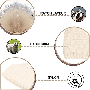 FXBSQF Women Double Cashmere Beanie,Pom Pom Beanie,Real Raccoon Bobble Beanie,Winter Warm Knitted Leisure Ski Cap,Detachable (White)