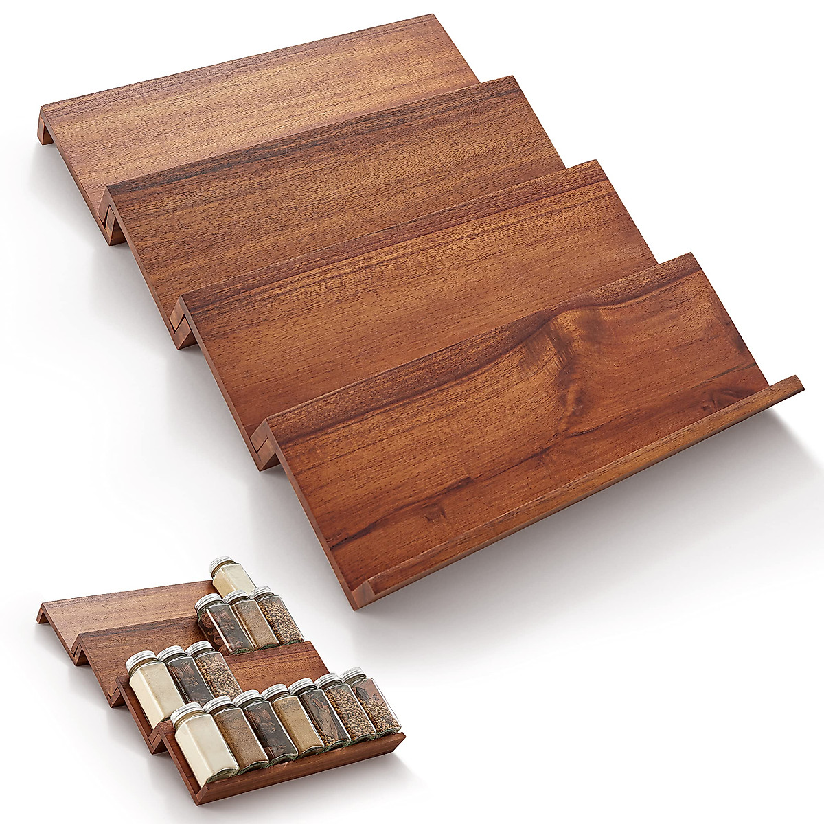 Tinamo Wood Spice Drawer Organizer - Acacia Wooden Tray Spice Racks Organizer for Cabinet Storage Shelf - 4 Tier Spice Rack Organizer for Drawer 32 Jars (Pack 4)