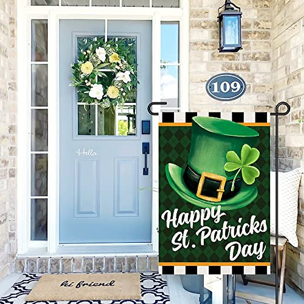 Happy St Patricks Day Garden Flag 12x18 Inch Burlap Double Sided Green Lucky Shamrock/Hat Sign Seasonal Small Flag Outdoor Decorations DF188