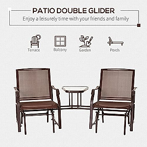 Outsunny Outdoor Glider Chairs with Coffee Table, Patio 2-Seat Rocking Chair Swing Loveseat with Breathable Sling for Backyard, Garden, and Porch, Brown