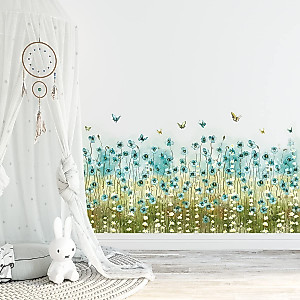 LiveGallery Blue Flowers Wall Decals White Daisy Wall Stickers DIY Peel and Stick Butterfly Plants Wall Sticker for Baby Kids Girls Bedroom Nursery Living Room Office Corners Skirting Lines