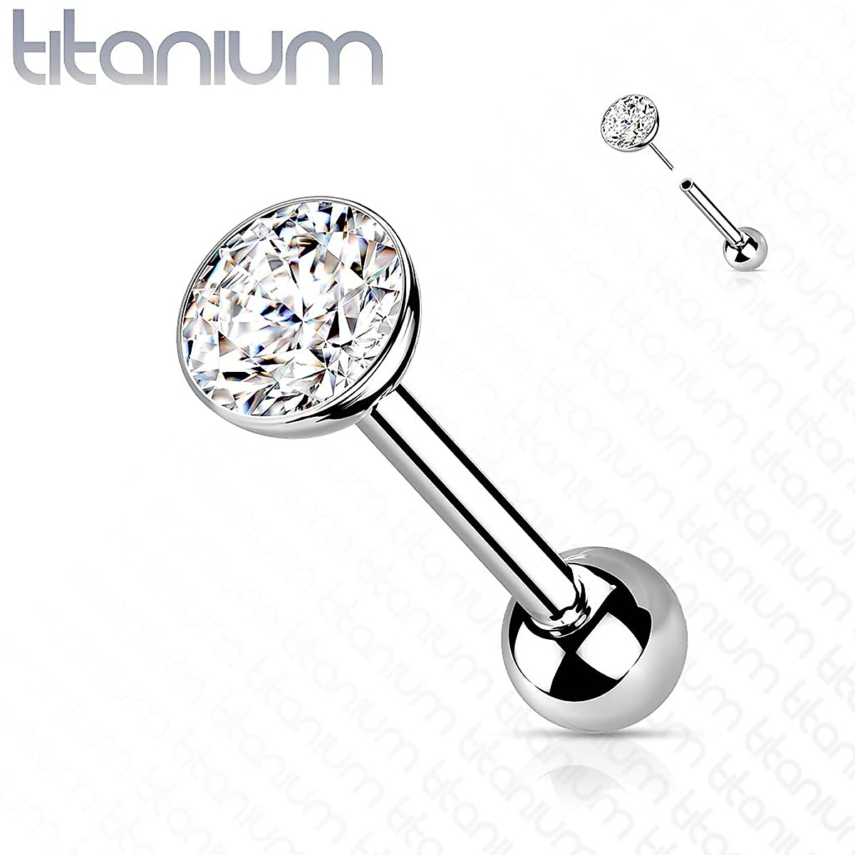 Dynamique Implant Grade Titanium Threadless Push In Cartilage Barbell With CZ Bezel Set Ball Top (Sold Per Piece)