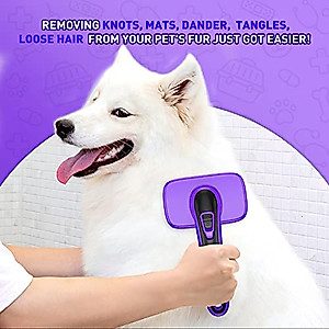 Pet Self Cleaning Slicker Brush for Shedding & Grooming Long Short Haired Dogs, Cats Retractable Brush for Large and Small Gently Removes Loose Undercoat, Mats Tangled Hair from Pet's Coat - Purple