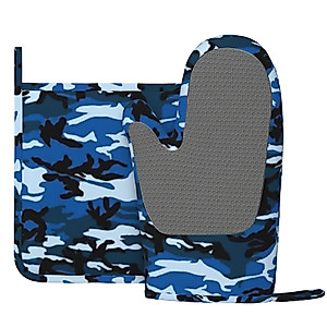 Blue Camo Silicone Oven Mitts Pot Holder Sets 2pcs Cute Design Washable Non Slip Kitchen Heat Resistant Mat Women's Cooking Gloves for Baking and BBQ Wear