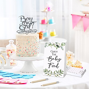 67 Pcs Guess the Baby Food Game Greenery Baby Shower Games Set 1 Standing Sign 50 Answer Cards 10 Pencils 6 Number Stickers for Gender Reveal Party Decoration Supplies