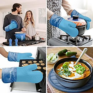 Extra Long Silicone Oven Mitts and Pot Holders Sets of 4, Novoconi Oven Mitts Heat Resistant 446F with Quilted Cotton Liner, Non-Slip & Waterproof Silicone Oven Mitts for Kitchen Cooking and Baking