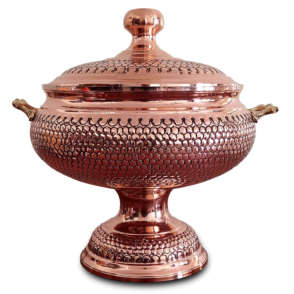 Binbir Trend Handmade Copper Soup Tureen with Lid, Soup Server Pot, Large Serving Bowl - Honeycomb Pattern - Tinned Copper-169 Fl Oz