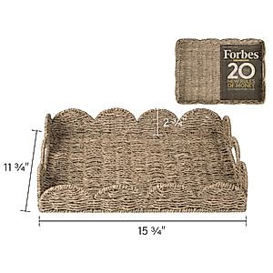StorageWorks Scalloped Tray, Wicker Rattan Serving Tray with Handles, Woven Rectangle Seagrass Tray, Scalloped Basket Table Décor Trays, Rattan Basket Tray for Ottoman Decorative and Organizer Trays