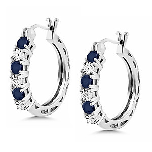Gem Stone King 925 Sterling Silver Blue Sapphire and White Lab Grown Diamond Accent Hoop Earrings For Women (0.83 Cttw, 22MM = 0.85 Inches Diameter)