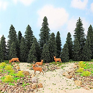 S0804T 20PCS Dark Green Pine Model Cedar Trees 2.05-4.96 inch (52-126 mm) and 4pcs Moose Deer Elk for Model Railroad Scenery Landscape Layout HO OO Scale (Mix Size)
