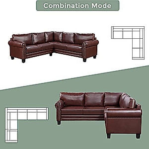 DHHU Mid-Century Sectional Corner Sofa L-Shape Scroll Arms & Rivet Ornament for Large Space Dorm, Living Room Apartment Office Furniture, Brown Couch