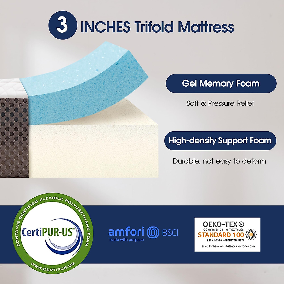 BedLuxury 3 Inch Tri Folding Mattress Single Bed with Storage Bag, Foldable Memory Foam Topper Portable Floor Guest Bed with Removable Cover, Breathable Washable