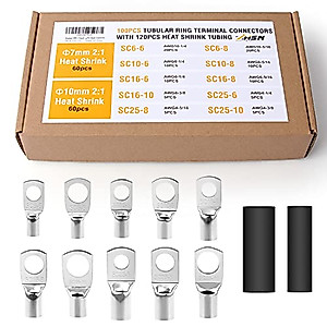 Zhushan 100Pcs Tinned Copper Wire Lugs Kit, Heavy Duty Wire Battery Lugs Cable with 120pcs Heat Shrink Tube,Crimp Battery Cable Ends Tinned,Tubular SC Ring Terminals Connectors