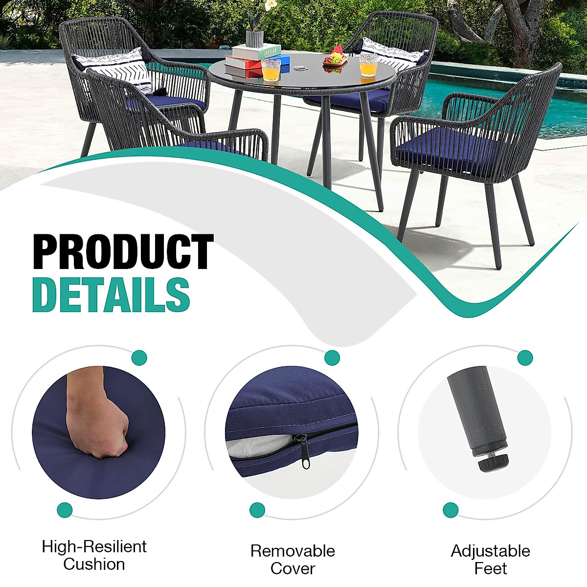 Patiorama 5-Piece Patio Dining Set, Outdoor Dining Table Chair Set, All-Weather Twisted Rattan Wicker Rope Conversation Set, Patio Furniture Set w/Umbrella Hole, 4 Cushioned Chairs&Glass Table(Blue)