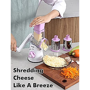 Geedel Rotary Cheese Grater, Kitchen Mandoline Vegetable Slicer with 3 Interchangeable Blades, Easy to Clean Rotary Grater Slicer for Fruit, Vegetables, Nuts
