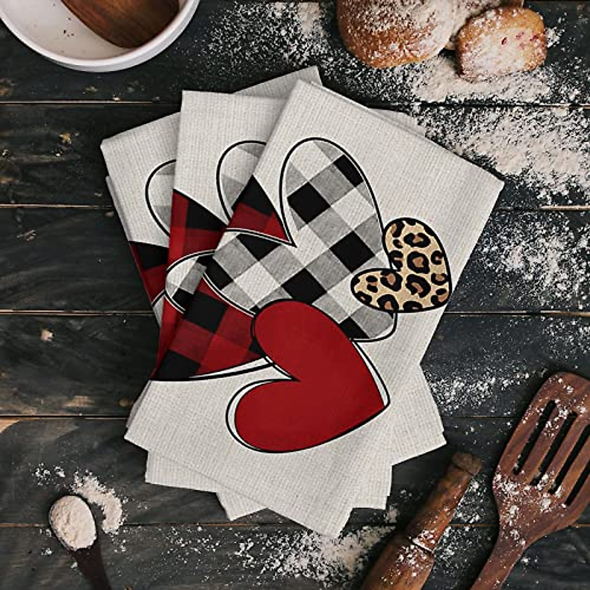 CirCleO Cotton Kitchen Towels 3 Pack, Vintage Heart Shape Black Red Buffalo Plaid Kitchen Dish Towels, Absorbent Dish Cloths/Bar Towels/Tea Towels/Hand Towels with Hanging Loop, Ultra Soft