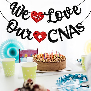 Firefairy We Love Our CNAs Banner, CNA Appreciation Banner, Happy CNA Week Party Decor, Thank You CNAs Party Decor, Nursing Assistant Week Banner, Black and Red Glitter