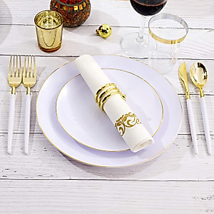 Nervure 140PCS White and Gold Plastic Plates & Disposable Gold Plastic Plates - 20 Dinner Plates, 20 Dessert Plates, 60 Gold Plastic Silverware, 20 Cups, 20 Napkins for Weddings & Party