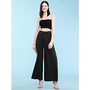 LL WB1485 Womens Casual High Waisted Pleated Palazzo Pants Trousers with Drawstring Plus Black