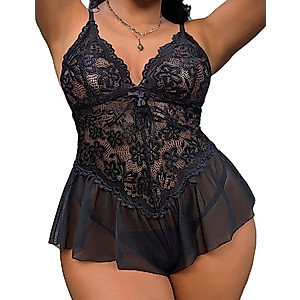 Avidlove Black Bodysuit Women Sexy Plus Size Babydoll Lingerie Strap Chemise Nightgown V Neck Sleepwear Nightwear