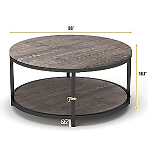 NSdirect 36 inch Round Coffee Table,Coffee Table for Living Room,2-Tier Rustic Wood Desktop & Sturdy Metal Legs Table Modern Design Home Furniture with Storage Shelf (Light Walnut)