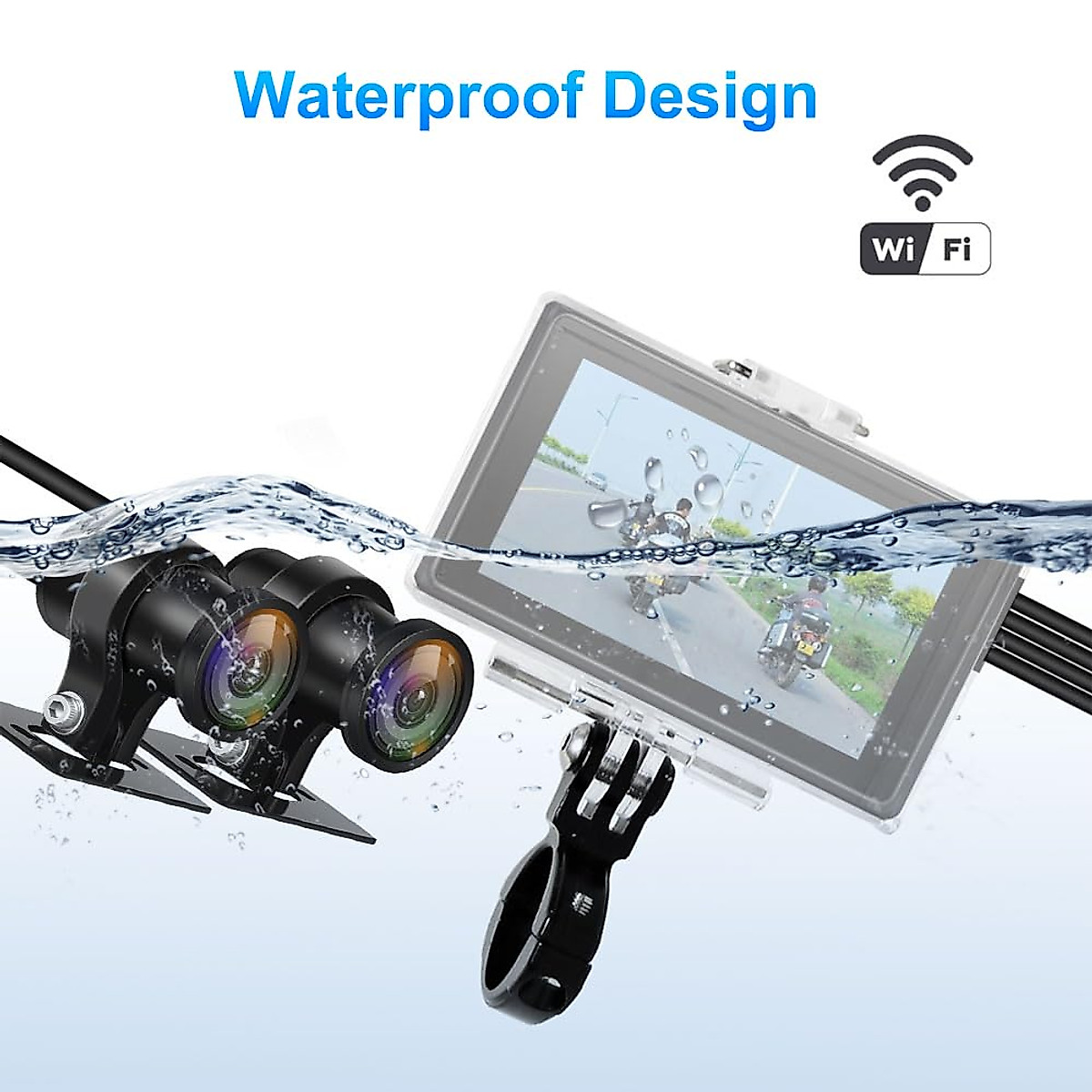 VSYSTO Fish Eye Camera WiFi Motorcycle Dash Cam, 150° Wide Angle SONYIMX307 Lens, 3" IPS Screen WDR HD 1080P Front & Rear Sports Action Camera DVR with GPS, Waterproof Case, G-Sensor Loop Recording