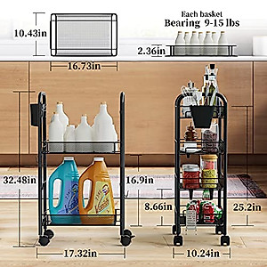 Greensen 3 Tier All-Metal Rolling Cart, Laundry Office Bathroom Storage Organizer Cart with Wheels, Easy-Carry and Assembly Mesh Trolley Cart with Practical Bucket and Hooks, Slide-Out Narrow Shelf