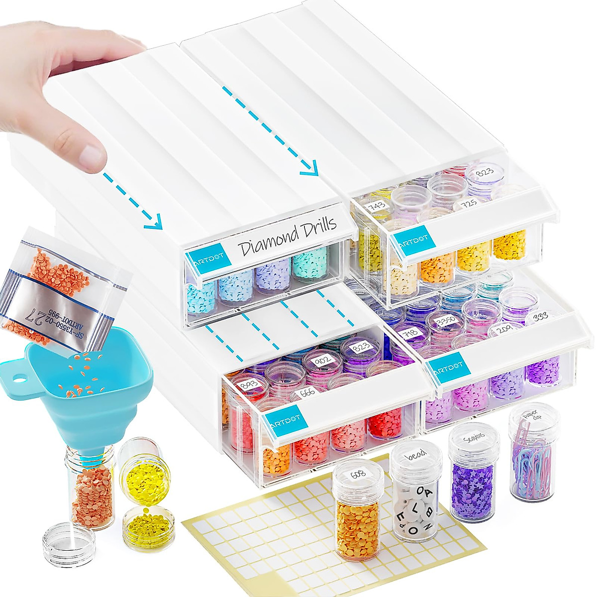 ARTDOT Diamond Painting Storage Containers, 4 Pack Stackable Bead Organizers with 128 Slots and Diamond Art Accessories and Tools for Beads Nail Pill Rhinestones Seed