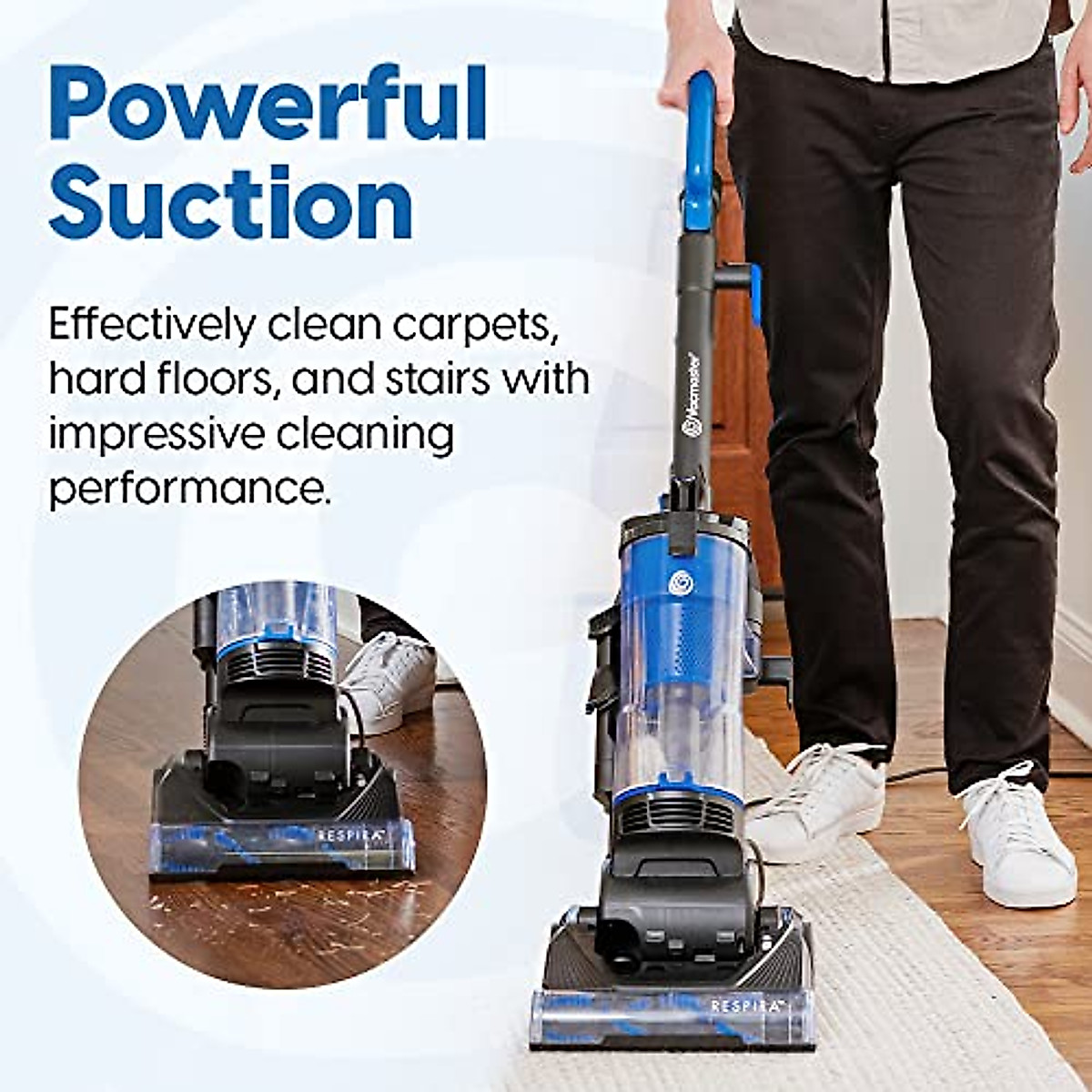 Vacmaster UC0501 Bagless Upright Vacuum Cleaner with Large Dust Cup Capacity, Efficient Cyclone Filtration System & 26ft Cord for Carpet, Hard Floor and Pet Hair, Black/Blue