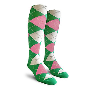 Golf Knickers Colorful Knee High Argyle Cotton Socks For Men Women and Youth - NNN: Lime/Pink/White - Ladies