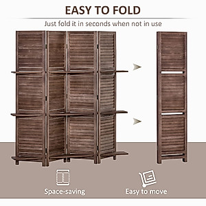 HOMCOM 4-Panel Folding Room Divider, 5.6 Ft Freestanding Paulownia Wood Privacy Screen Panel with Storage Shelves for Bedroom or Office, Walnut