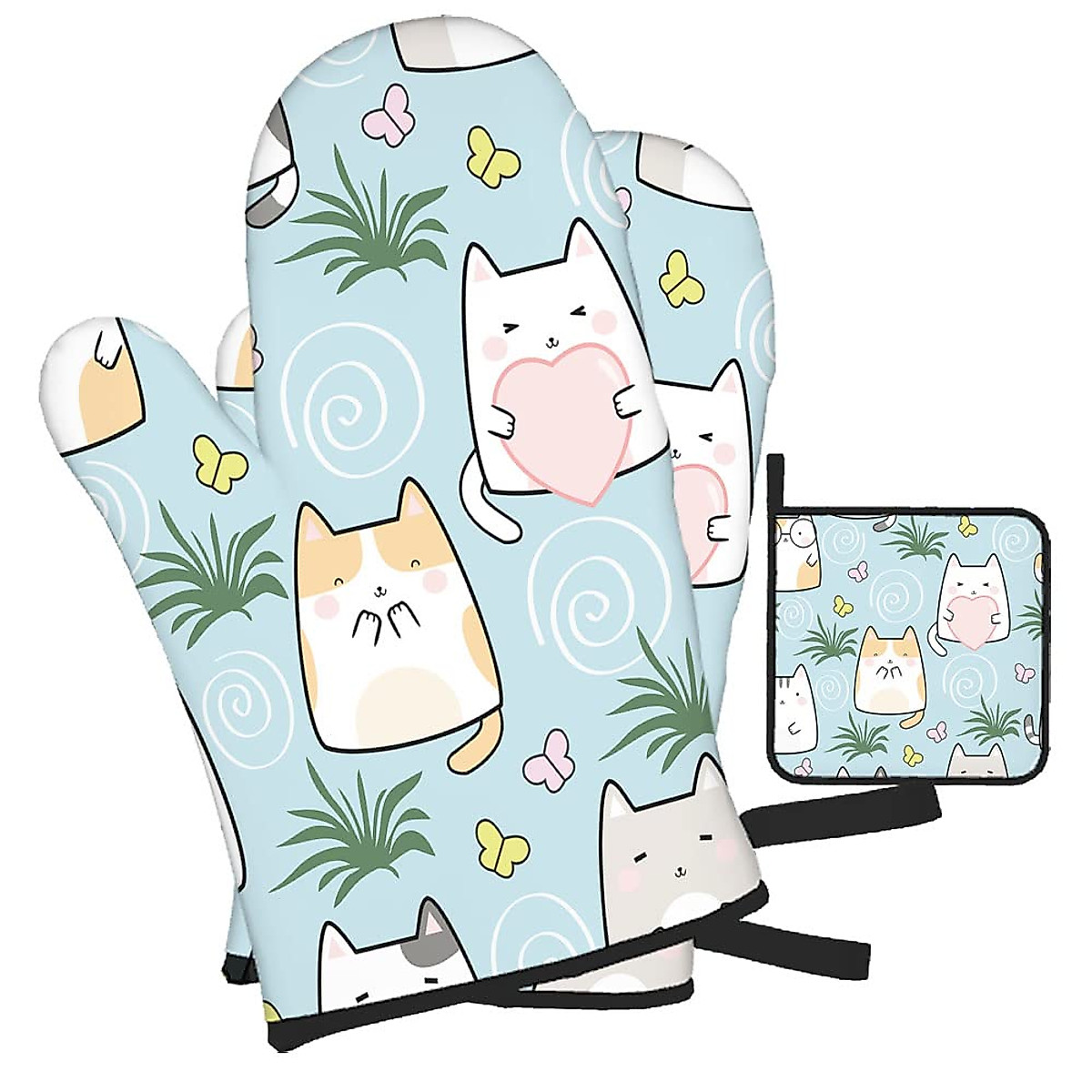 Mxocom Cute Cats Butterfly Oven Mitts and Pot Holders Sets of 3 BBQ Gloves for Kitchen,Cooking,Baking,Grilling Resistant Hot Pads for Women