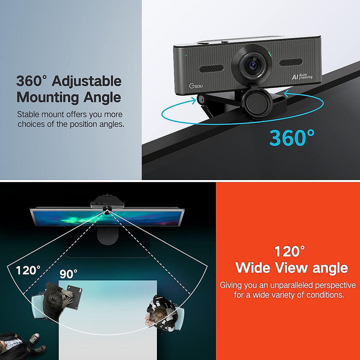 Gsou 4K Webcam with Noise Canceling Mic, AI Tracking Webcam 4K, 4k web cam wide angle 120°, Sony 4K Sensor, with Privacy Cover, and Dual Mics, 4k Webcam for PC/Streaming/Laptop/Conference/Zoom Meeting