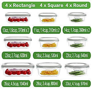 HOMBERKING 12 Sets Glass Food Storage Containers with Lids, Glass Meal Prep Containers, Airtight Glass Bento Boxes, BPA Free & Leak Proof, Pantry Kitchen Storage(12 lids & 12 Containers) - Gray