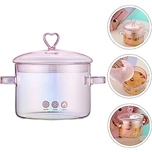 Glass Saucepan with Cover Clear Cooking Pot Stovetop Stew Pot with Lid Handmade Glass Casserole Double-Handle Cookware for Pasta Noodle Soup Milk Pink