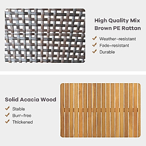 PATIOJOY 4 Pieces Outdoor Acacia Wood Furniture Sofa Set, Outdoor PE Wicker Conversation Set with Coffee Table and Soft Cushions for Garden, Poolside and Backyard (1, Grey)