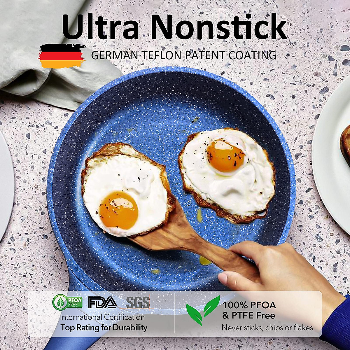 Ailwyn 8" Nonstick Small Frying Pan with Lid - 8 Inch Nonstick Skillets with USA Blue Gradient Granite Derived Coating